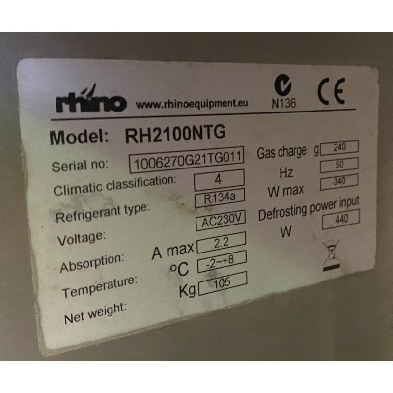 Rhino Two Glass Door Under Bench Fridge RH2100NTG