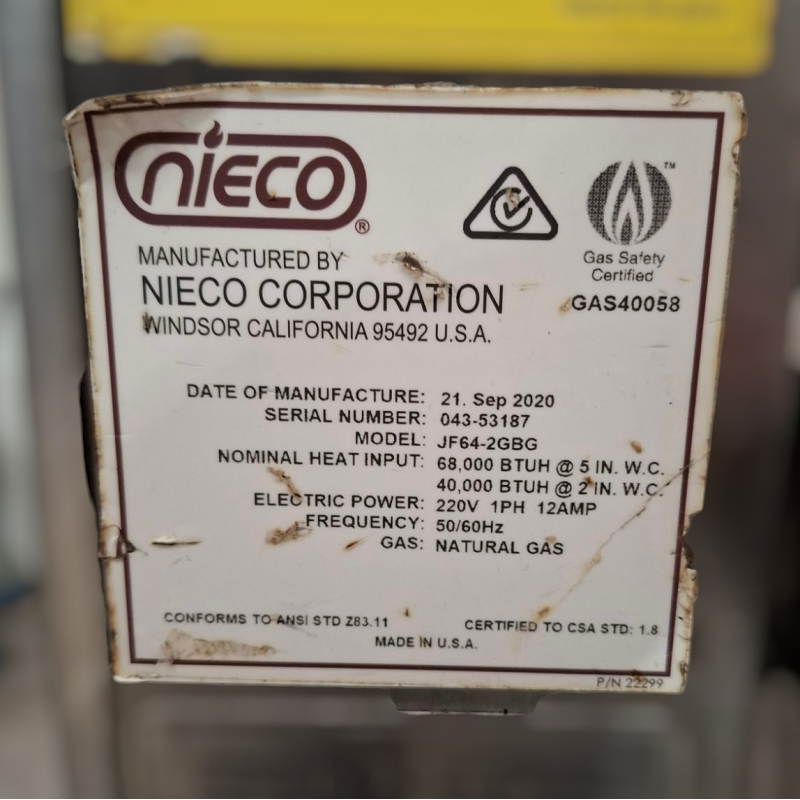 Used Nieco JF64-GBG Conveyor Charcoal Grill for Sale