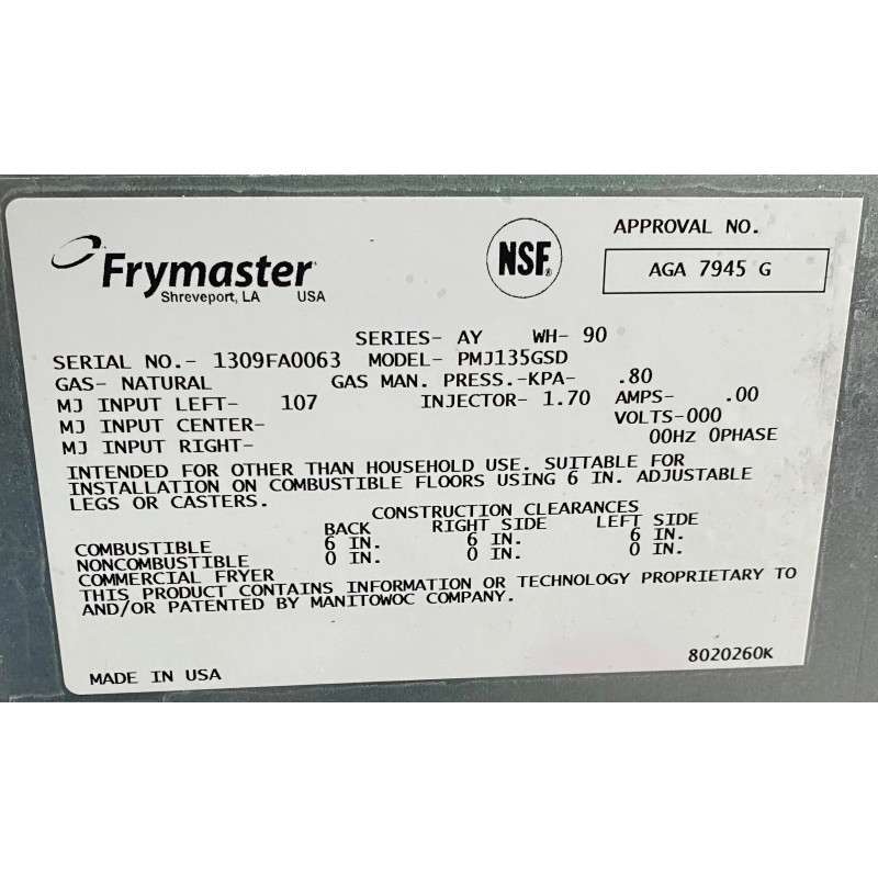 Frymaster Fryer PMJ135GSD Single pan 20 litre deep fryer